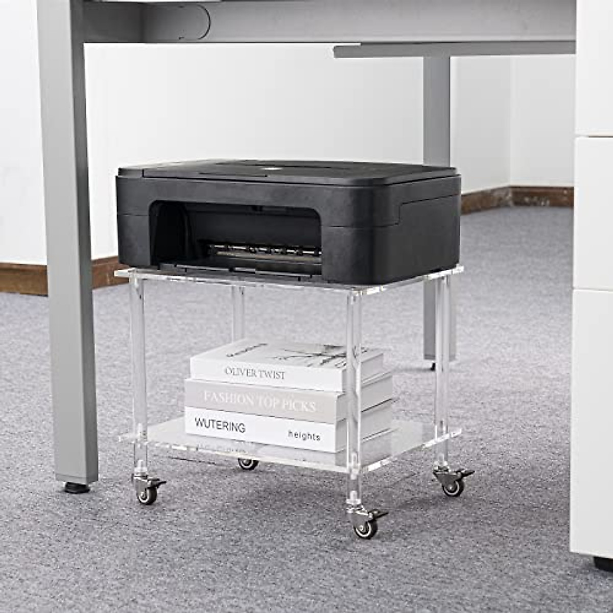 HMYHUM Acrylic Printer Stand - 2-Tier Under Desk Printer Table with Wheels - Multifunctional Rolling Cart for Office & Home, Clear