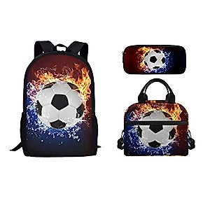 Salabomia Soccer Backpack for School Water & Fire Soccer Ball Backpack with Lunch Box Kids School Bookbag 3 in 1 Set School Bag with Lunch Bag Pencil Case, Large Lightweight Kids Backpack for School with Insulated Lunch Bag Cute Kawaii Pen Case, Blue