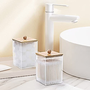 Tbestmax 3 Pack Square Qtip Holder - 12 oz Bathroom Organizers and Storage Containers, Plastic Apothecary Jars with Bamboo Lids for Cotton Ball, Cotton Swab, Floss