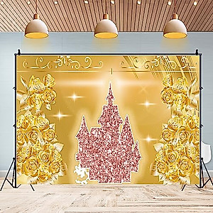 5x4Ft Cartoon Princess Castle Backdrops Rose Gold Pink Glitter Royal Castle Birthday Party Backdrop Decoration Cake Table Banner Photo Booth Props Girls Princess Party Decor Supplies