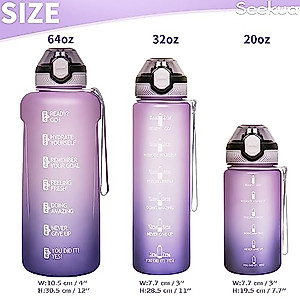 Seekua Large Tritan Water Bottle with Straw & Time Marker, Motivational Half Gallon Daily Drinking Water Bottle with Strap Big Water Jug for Sports, Gym, Fitness, Travel, 2 Lids, 64 oz