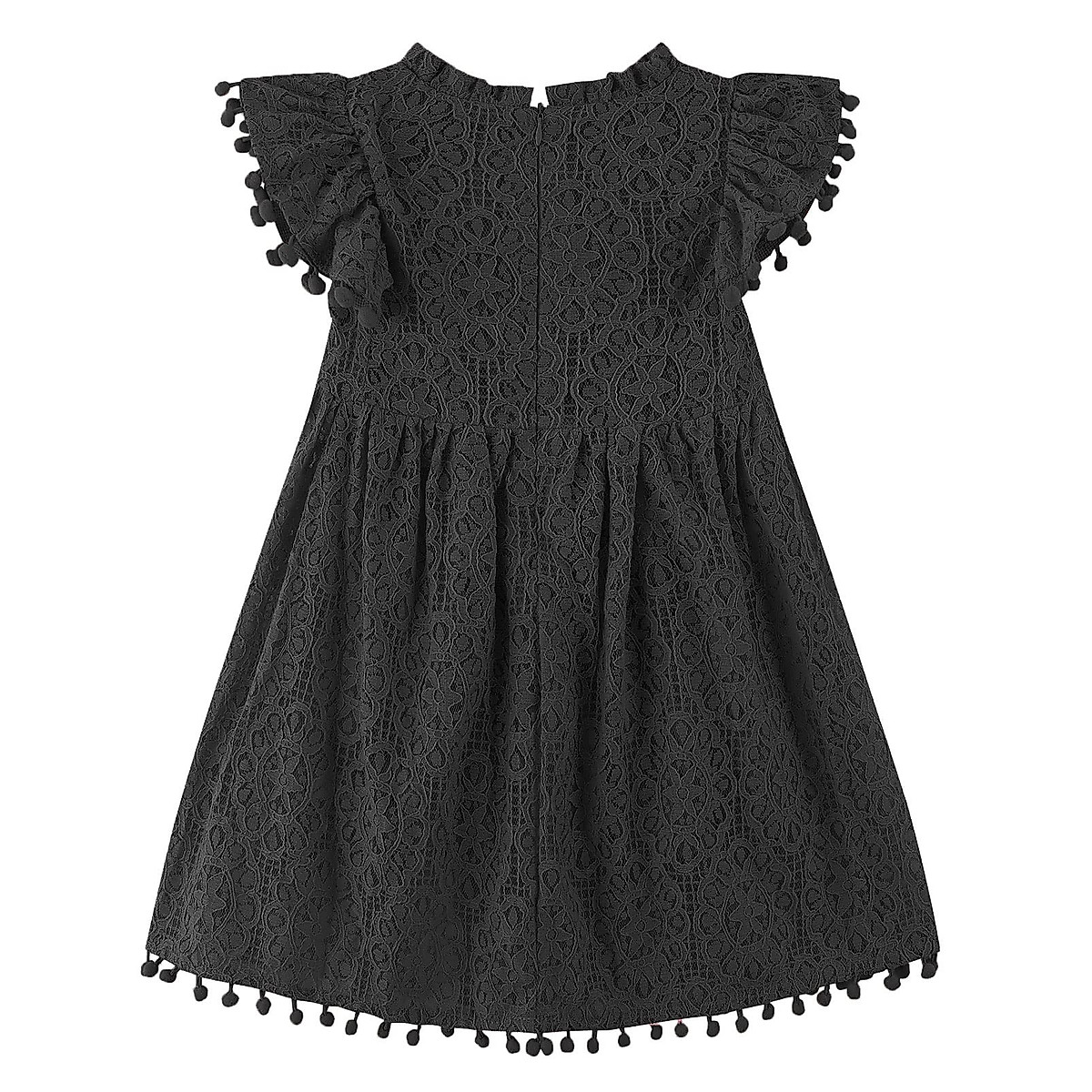 JNKLWPJS Toddler Girls Hollow Lace Pom Pom Flutter Sleeve Princess Party Dress Black 90CM