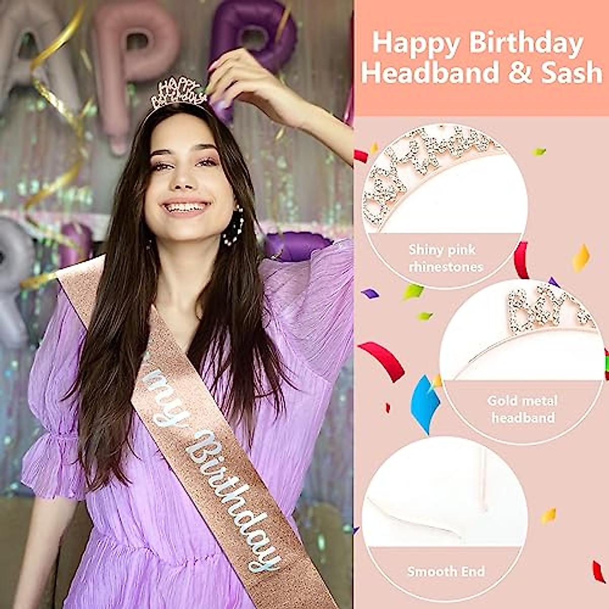 Ondder Birthday Sash for Women Rose Gold Happy Birthday Crown Tiara for Girls Birthday Girl Headband Birthday Sash and Tiara for Party Supplies Its My Birthday Glitter Sash Happy Birthday Headband Decorations