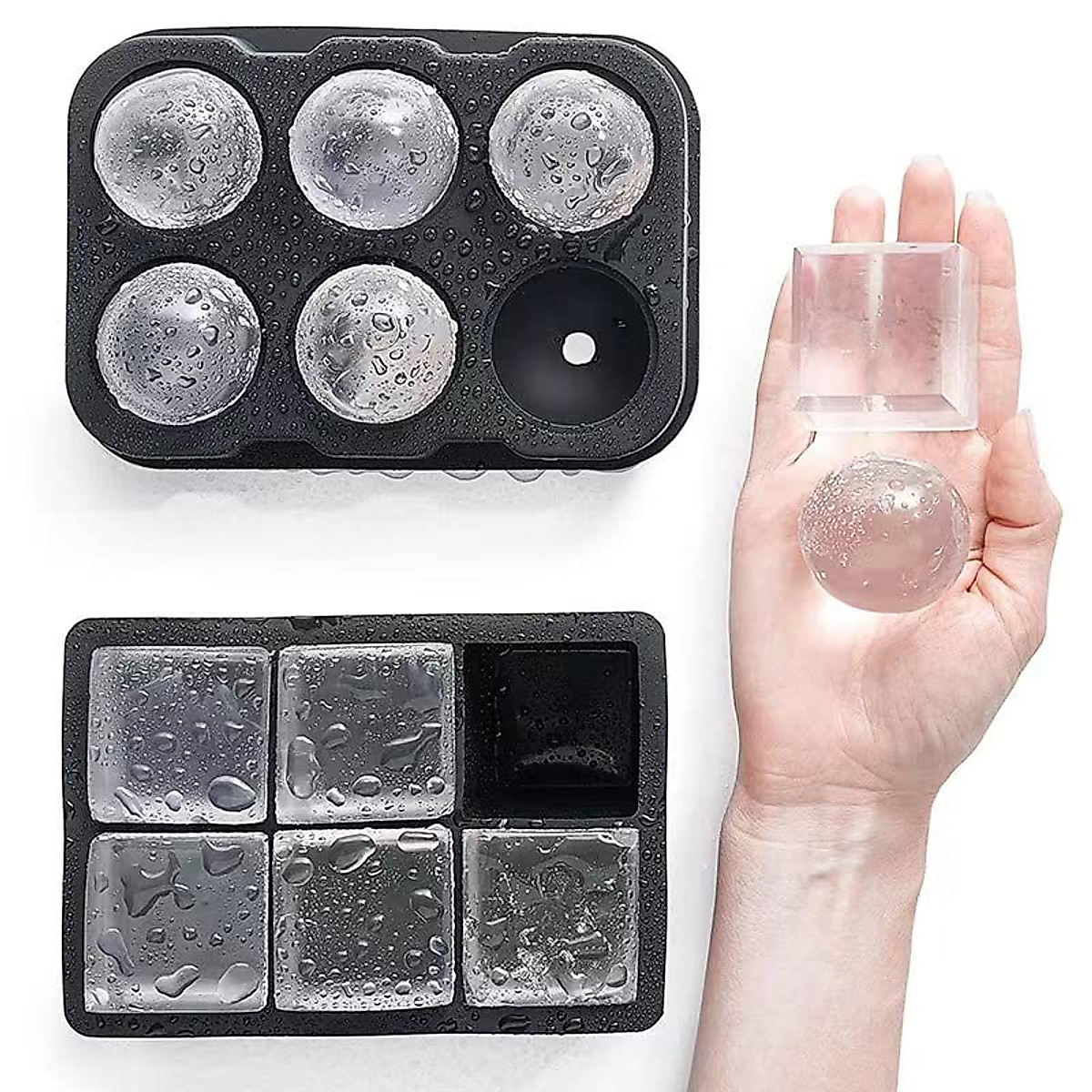 LuckJi Ice Cube Molds - Pack of 3 Ice Cube Trays Silicone Ice Cube Molds with Lid Funnel - Ice Ball Large Square Hexagonal Shapes Ice Maker Molds for Whiskey Reusable as Gift for Men House Bar