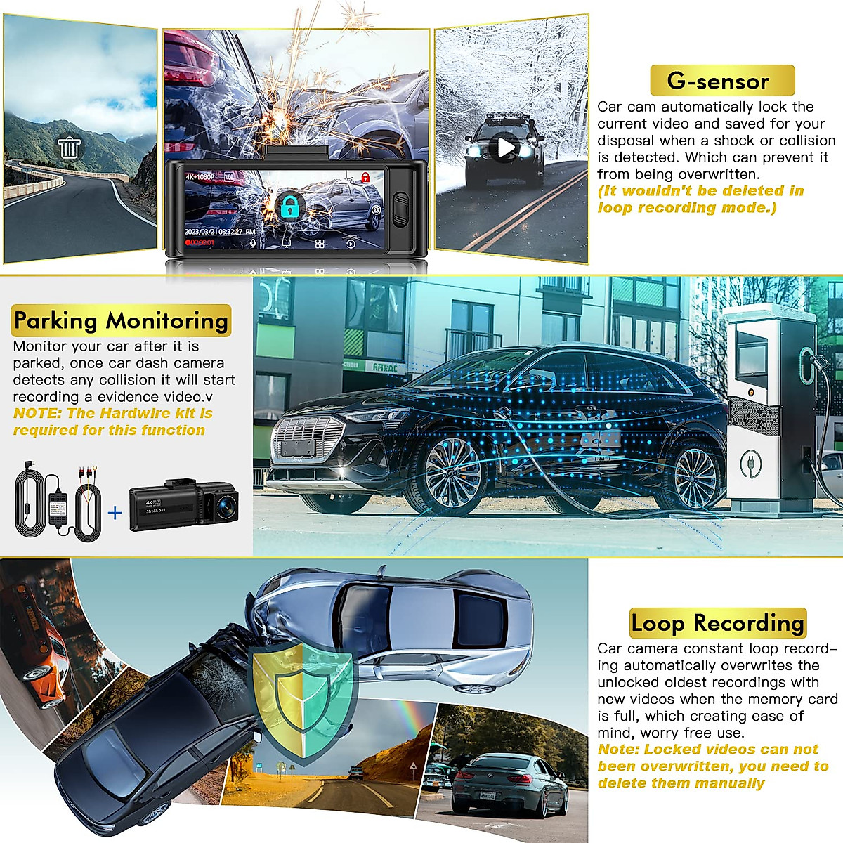 4K Dash Cam Front and Rear WiFi, Dash Cam 2160P 30fps Dash Camera for Cars W/GPS APP Car Camera W/Free 64GB Card, Dashcam W/Night Vision 24hrs Parking Mode G-Sensor Loop Recording WDR