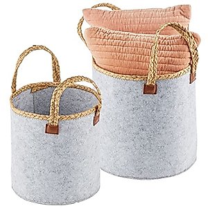 mDesign Round Felt Basket and Attached Braided Handles - Portable and Foldable for Compact Storage, Set of 2 - Gray