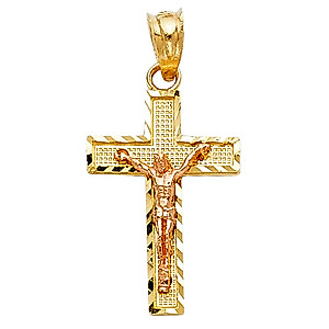 14K Two Tone Gold Jesus Crucifix Cross Charm Pendant with 0.9mm Wheat Chain Necklace - 24"