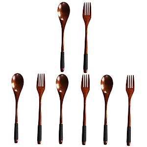 HOMSFOU 4pcs Japanese Wooden Handle Fork and Spoon Wood Soup Wood Cake Forks Stainless Steel Flatware Wooden Forks and Antique Flatware Wooden Tableware Kits Travel Salad Solid Wood