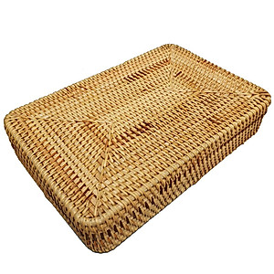 i-lan 4 Compartments Rectangular Rattan Basket, 12 Inch Divided Basket Tray with 3” Deep Wall, Decorative Flat Wicker Serving Basket for Fruit, Snacks, Catch All Dish, Brown