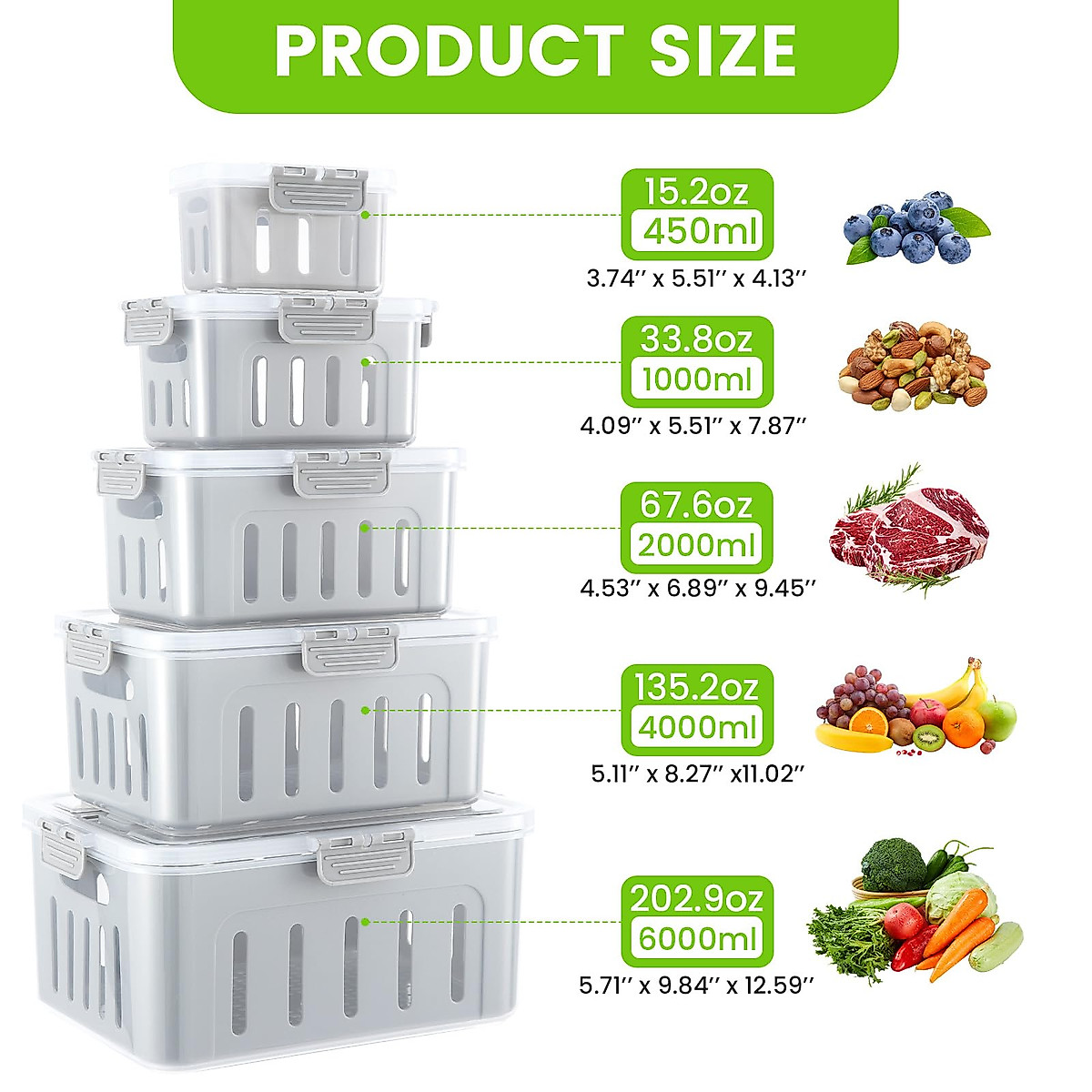 CINPIUK Fresh Contanier 5 Pack Food Containers Fruit Vegetable Produce Storage Saver Containers with Lid & Colander Kitchen Refrigerator Organizers Bins for Salad Berry Meat