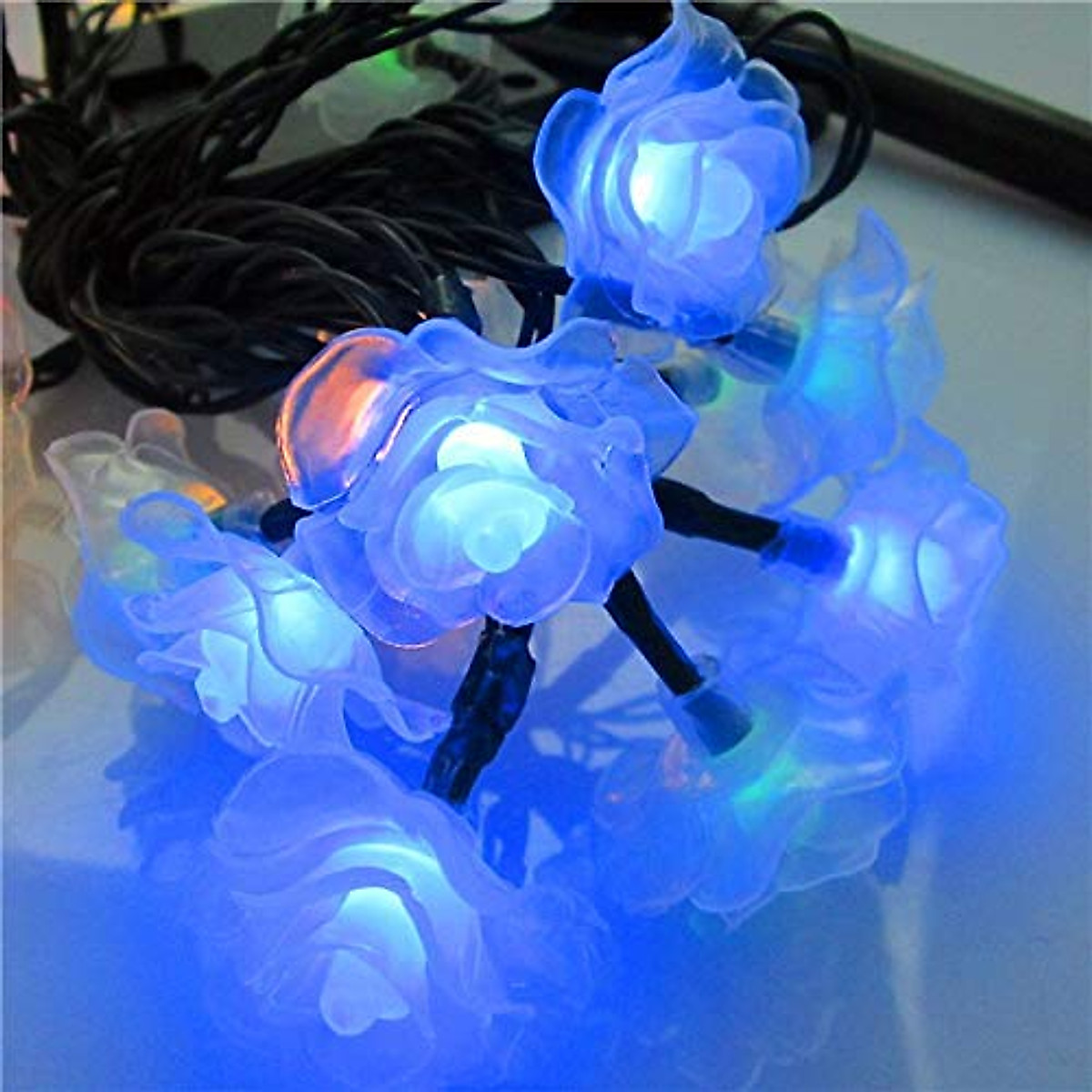 Solar String Lights 20/30/50/100LED Solar Rose String Lights Starry FairyWaterproof for Christmas Outdoor Indoor Gardens Homes Wedding Holiday Party (Emitting Color : Blue)