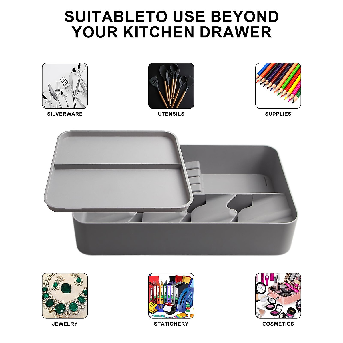 Silverware Drawer Organizer, Expandable Utensil Tray for Kitchen, BPA Free Flatware and Cutlery Holder, Adjustable Double Plastic Storage for Spoons