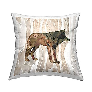 Stupell Industries Woodland Wolf Watercolor Silhouette Rustic Grain Pattern Design by Carol Robinson Pillow, 18 x 18, Brown