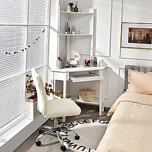 IFANNY Corner Computer Desk with Hutch, Triangle Corner Desk w/Keyboard Tray and Bookshelves, Corner Writing Desk with Storage Shelves, Small Corner Desks for Small Spaces (White)