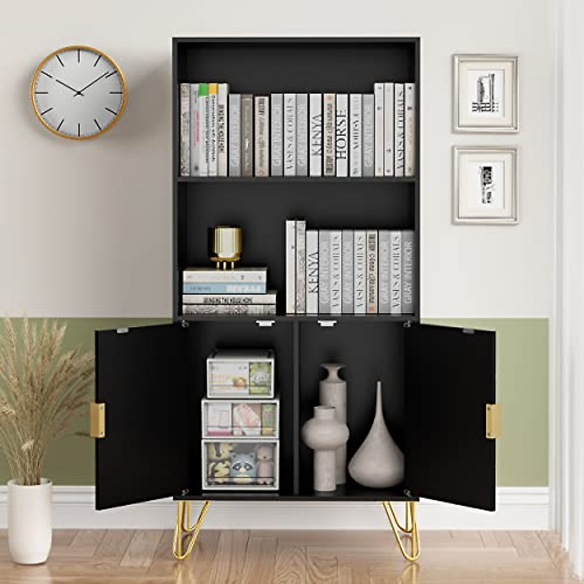 Anbuy Black Open Shelf Bookcase with Doors, Floor Standing Display Cabinet Rack with Gold Legs, Wooden Bookshelf for Home Decor Furniture for Home, Office, Living Room, Bedroom