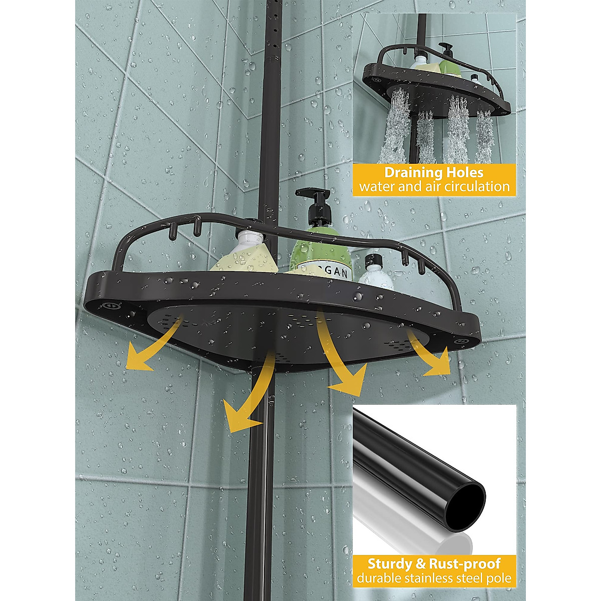Corner Shower Caddy Organizer with Tension Pole, Adjustable Rustproof Shower Caddy with 4 Tier Shelf for Bathroom Bathtub Tub Shampoo Accessories - 38 to 116 inch Height, Black