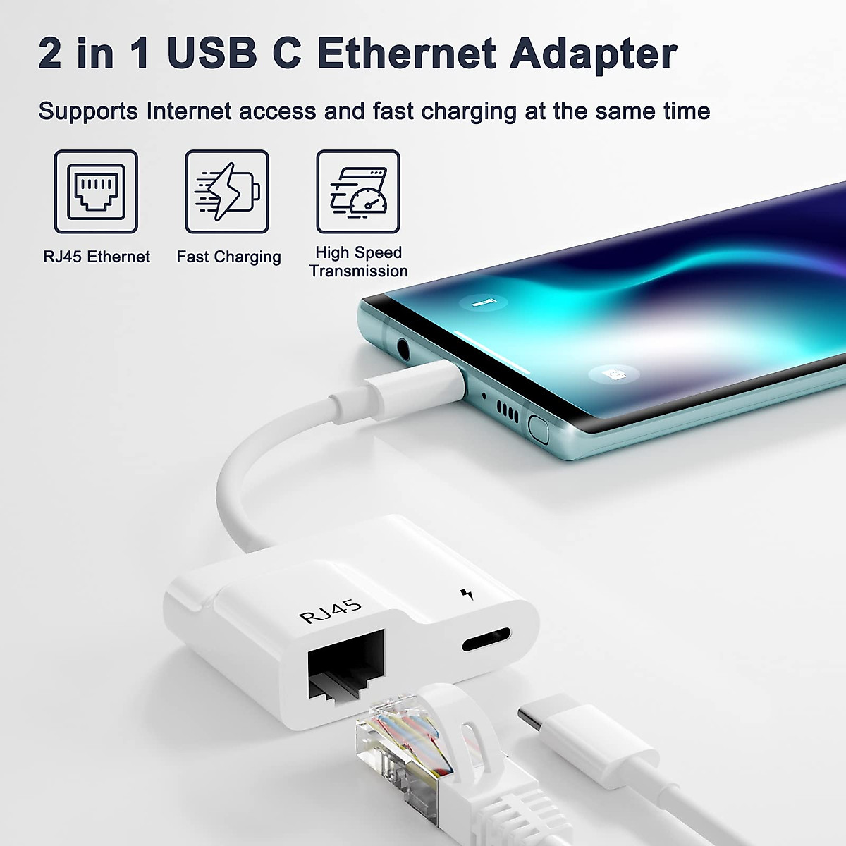 USB C to Ethernet Adapter, UWECAN 2 in 1 USB C to RJ45 Adapter with 60W PD Type-C Charge Port Supports 10/100Mbps Ethernet Network, Compatible for iPhone 15/16/Android/i-Pad Pro/Mac/Galaxy