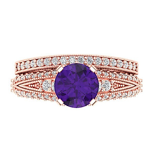 Clara Pucci 2.10ct Round Cut Solitaire Accent Natural Amethyst Engagement Promise Anniversary Bridal Ring Band set Real 14k Rose Gold 6.5