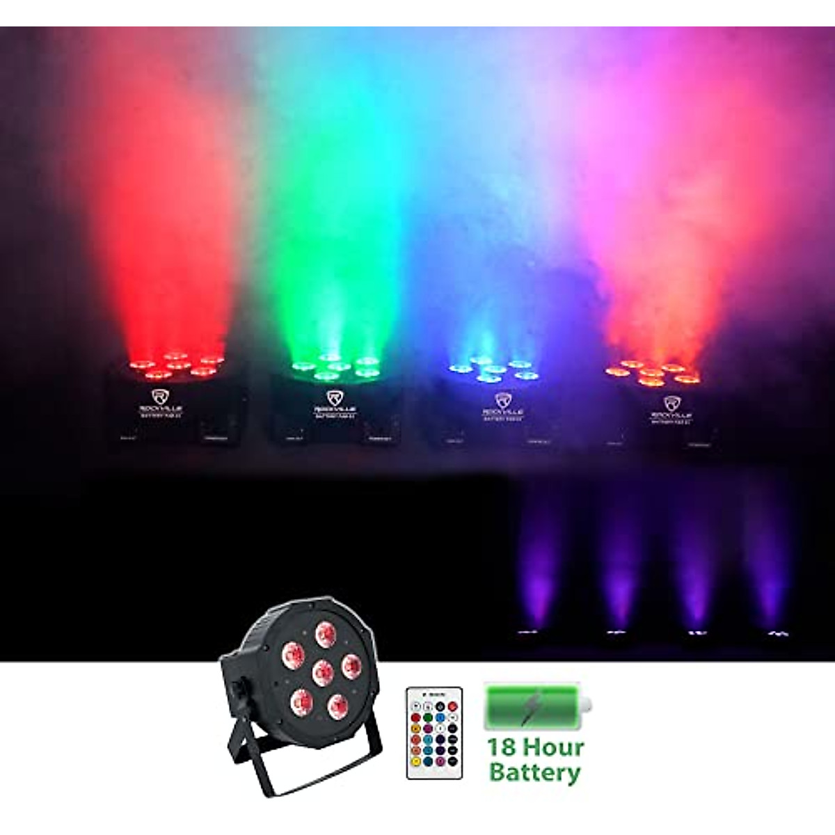 Rockville Battery PAR 61 Black RGBWA+UV Rechargeable Stage Wash Light, DMX Control, Sound Activated, Includes Remote, Up to 18 Hours Battery Life, Perfect for DJ Events, Parties,