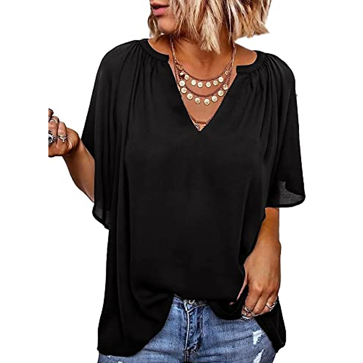 Dokotoo Womens Summer Tops Casual Short Sleeve Shirts V Neck Pleated Tunic Tops Loose Cute Bell Sleeve Chiffon Blouses for Ladies Plus Size,2XL(US 18-20),Black