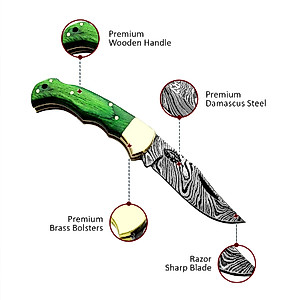 Best.Buy.Damascus1 Damascus pocket knife Green Wood knife Folding knife, Pocket Knife For Men, Pocket Knife 3Pcs Knife Set Come With knife sharpeners Premium Quality gifts for men