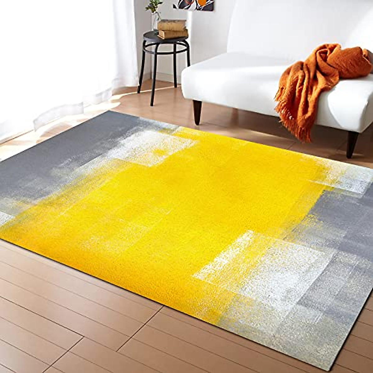 KITHOME Contemporary Non-Slip Area Rug Grey and Yellow Abstract Art Texute Printed Rugs Art Carnival Rubber Backing Living Room Floor Mats Rectangle Area Rug Carpet for Indoor 2.7'x5'