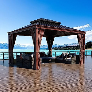 MUPATER 10' x 12' Gazebo, Wooden Finish Coated Aluminum Frame, with Double Galvanized Steel Hardtop Roof, Netting and Curtains for Garden, Patio, Lawn and Parties