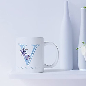 Monogram Letter V Coffee Mugs Watercolor Blue Letter Purple Flower Funny Coffee Mugs Alphabet Letters Ceramic Cup White Drinking Cups with Handle Novelty Gift For Espresso Latte Milk Tea 11oz