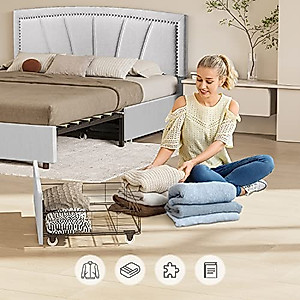 BONSOIR King Size Storage Bed Frame Upholstered Low Profile Traditional Platform with Tufted and Nail Headboard/No Box Spring Needed/4 Pull Out Drawers/Light Grey Linen Fabric (King Size)