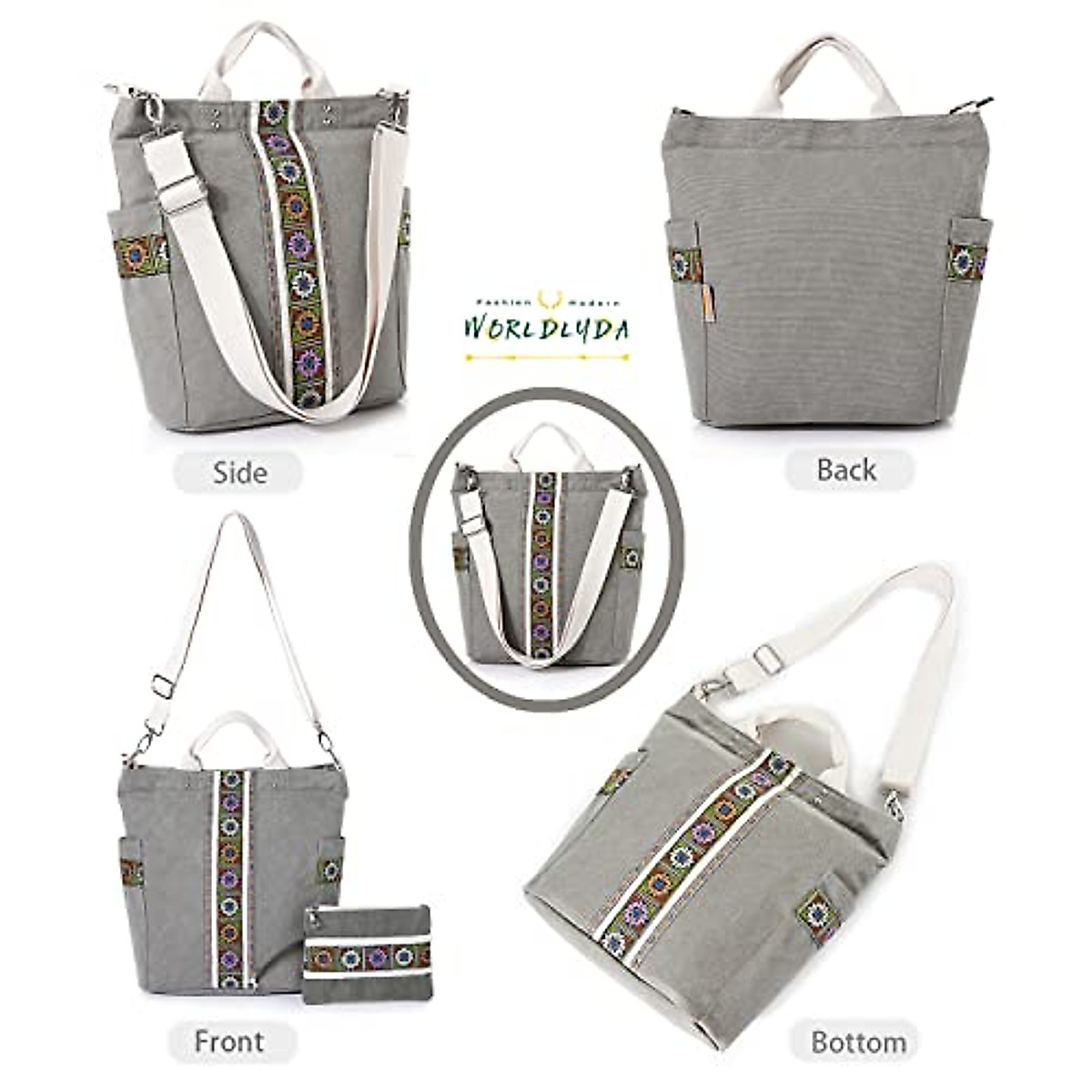 Worldlyda Women Vintage Canvas Tote Retro Hobo Purse Multi Pocket Crossbody Shoulder Bag Casual Top Handle handbag with Embroidery Ethnic (Grey)