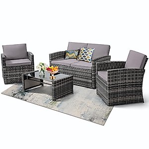 KROFEM 4 Pieces Patio Conversation Set, Outside Rattan Sectional Sofa, Cushioned Furniture Set, Wicker Sofa Ideal for Garden, Porch, Backyard, Grey Color Rattan and Light Grey Cushion