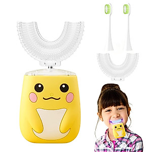 Kids Electric Toothbrush, U Shaped Ultrasonic Automatic Tooth Brush, Toothbrush with 2 Brush Heads, Six Cleaning Modes, IPX7 Waterproof, Cartoon Modeling Design for Toddler Children, Age 8-15 Yellow