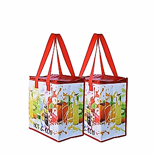 Earthwise Insulated Reusable Grocery Bag Shopping Tote with Zipper Top Lid Durable Thermal Collapsible Catering 2 Pack (Fruit)