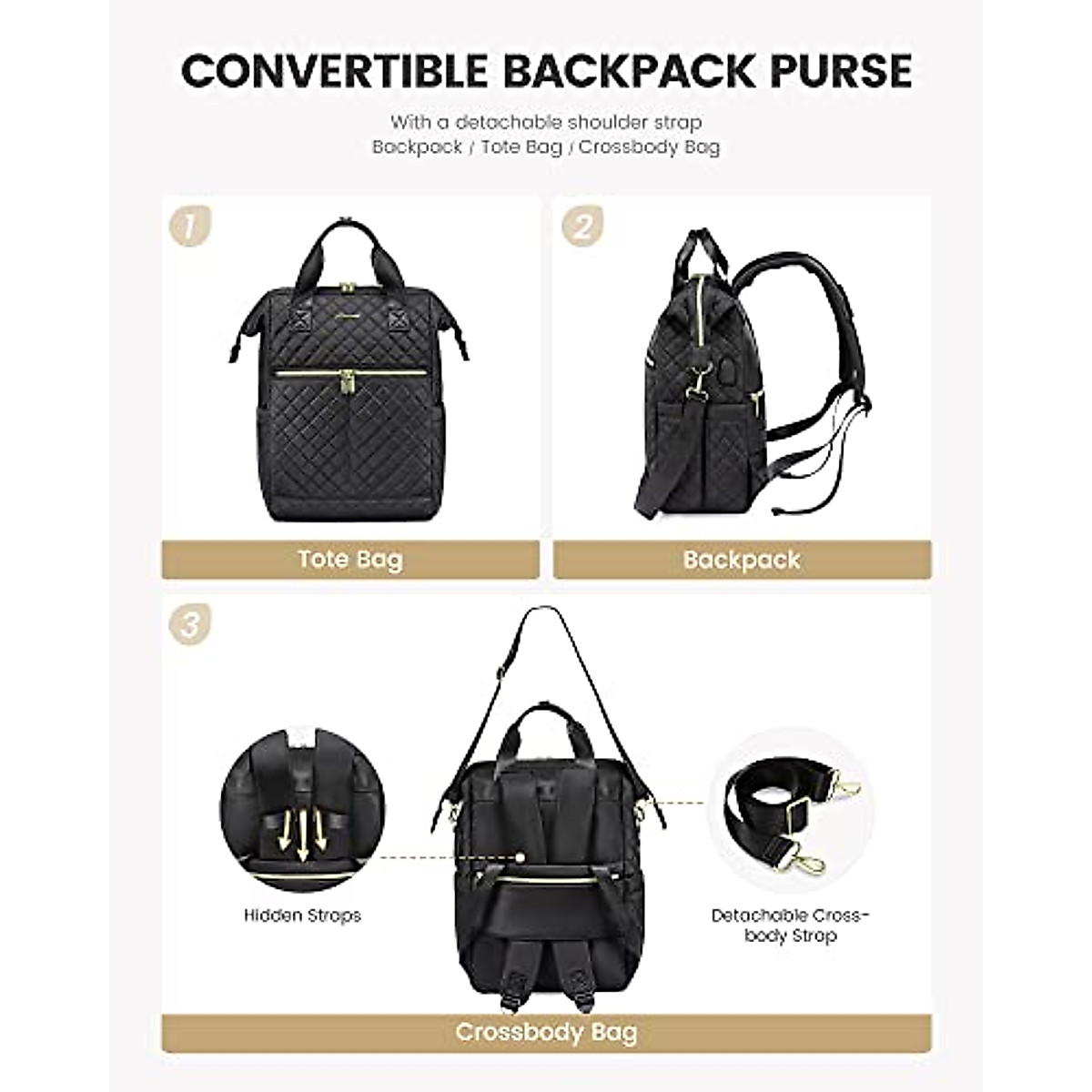 LOVEVOOK Laptop Backpack for Women Wide Open Computer Work Bag Business Travel Backpack Quilted Convertible Tote Backpack Purse 15.6 Inch Teacher Nurse Computer Laptop Bag with USB Port, Black