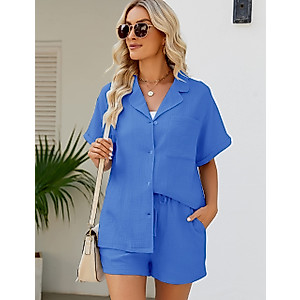 Flygo Women's Two Piece Shirts Sets Short Sleeve Summer Casual Linen Shirt Elastic Waist Short Sets Outfits(RoyalBlue-XL)