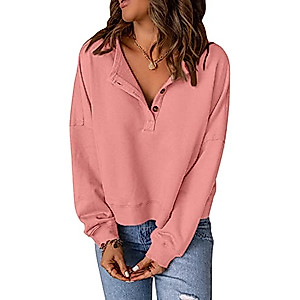 Womens Casual Long Sleeve Sweatshirts Button Up V Neck Sweatshirt Loose Solid Pullover Tops Pink