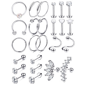 LOYALLOOK 25Pcs Cartilage Earrings Hoop Studs for Women 16-20G Labret Flat Ball Back Earrings Daith Tragus Helix Earrings