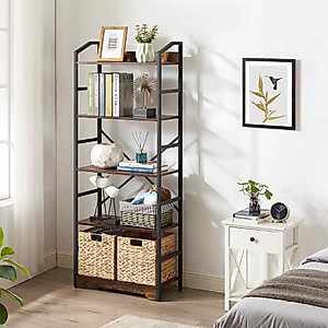 Vagusicc 5 Tier Bookshelf with 2 Storage Baskets, Tall Bookcase Shelf Storage Organizer Wood Book Shelf, Modern Shelf Rack Shelves with Steel Frame, Multipurpose Bookshelf for Bedroom Living Room
