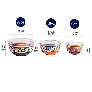 Bico Tunisian Ceramic Bowl with Air Tight Lid Set of 3(27oz, 18oz, 9oz each), Prep bowls, Food Storage Bowl for Salad, Snacks, Fruits, Microwave and Dishwasher Safe