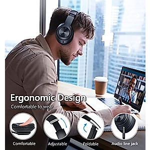 Tuitager Bluetooth Headphones Over-Ear, 60 Hours Playtime Foldable Lightweight Wireless Headphones Hi-Fi Stereo with 6 EQ Modes, Bass Adjustable Headset with Built-in HD Mic, FM, SD/TF for PC/Home