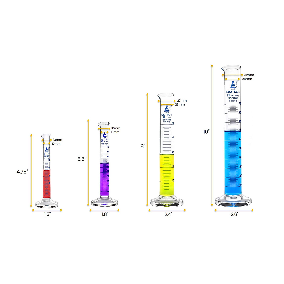 EISCO Graduated Cylinder Set, 9 Pieces - Class B - 5ml, 10ml, 50ml, 100ml Thick Borosilicate 3.3 Glass Cylinders, 3 Glass Droppers, 2 Cleaning Brushes
