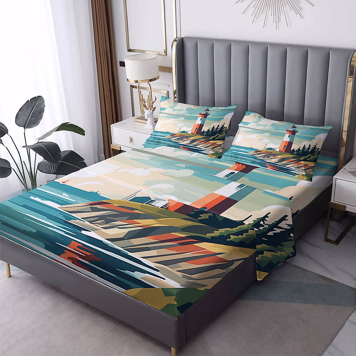 Lighthouse Sheets Full Size, Ocean Sea Bed Sheets, Patterned Bedding Sheets & Pillowcases 4 Piece Set - Soft Microfiber Deep Pocket Fitted Sheet & Flat Sheet & 2 Pillow Cases L3-&-227