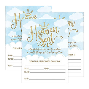 Hadley Designs 25 Blue Boy Heaven Sent Clouds Baby Shower Invitations, 25 Baby Shower Diaper Raffle Tickets For Baby Shower, Celestial Angel Fill or Write in Card, Diaper Raffle Cards, Baby Shower