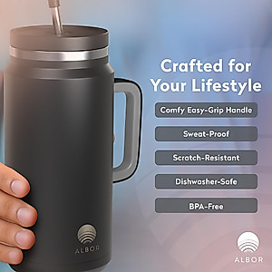 ALBOR 50 oz Tumbler With Lid and Straw, Leak Proof Durable Stainless Steel Insulated Tumbler With Handle, Spill Proof Water Bottles With Straw (Black)