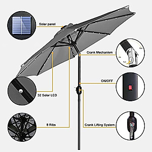 JMEXSUSS 9ft Patio Umbrella with Solar Lights, 32 LED Lighted Umbrella Outdoor Patio Table Umbrella, 8 Ribs Market Umbrella w/Tilt Adjustment and UV-Resistant Fabric, Grey