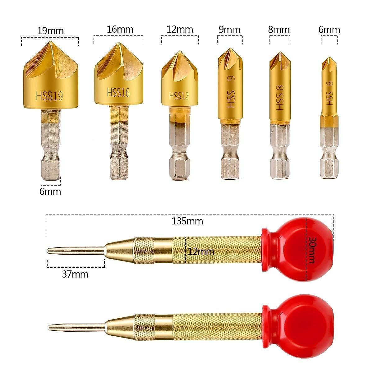 New 2 x Automatic Center Hole Punch Marker Scribe with Cushion Cap and 6 Pieces Countersink Drill Bit Set 1/4 Inch Hex Shank 9