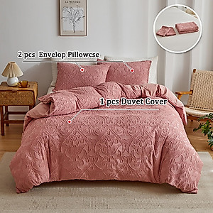 Warmarky Pink Duvet Cover Queen Size Boho Tufted Duvet Cover Queen(90x90’’) Soft Breathable Cation Microfiber Light-Weight Bedding Set,1pcs Comforter Cover,2pcs Envelop Pillowcase