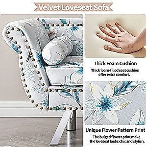 Homtique 61" Mid Century Modern Velvet Loveseat Sofa, Upholstered Loveseat Settee Accent Sofa for Bedroom, Living Room, Roll Arms Sofa with 2 Bolster Pillows, Small Couches for Small Spaces, Flower