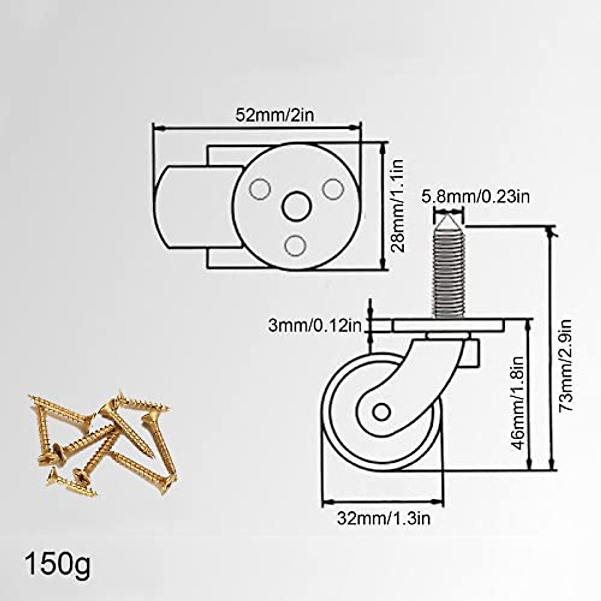 Caster Furniture，Rubbered Trolley Wheels， 4 Pcs Solid Brass Universal Castors 360°Swivel Furniture Casters Wheels for Furniture,Flower Stands,Small Bed,Chair,Cabinet,Antique Vintage,Screw Style Fittin