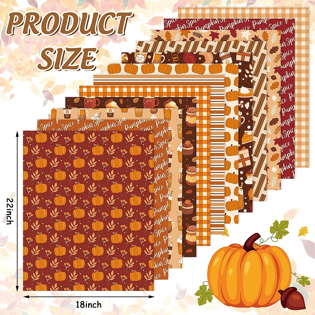 JarThenaAMCS 12Pcs Fall Cotton Fabric Bundles 18 x 22 Inch Maple Leaf Pumpkin Drinks Plaid Fat Quarters Autumn Thanksgiving Sewing Fabrics for DIY Craft Party Decor